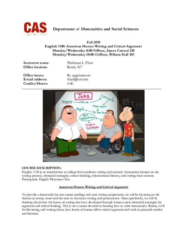 (DOC) American Humor and Critical Argument, Fall 2019 English 1100 ...