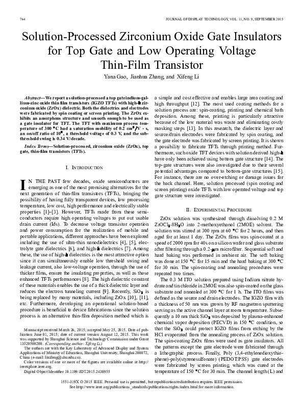 (PDF) Solution-Processed Zirconium Oxide Gate Insulators for Top Gate ...
