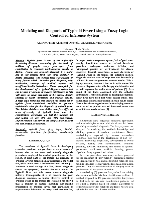 Pdf Modeling And Diagnosis Of Typhoid Fever Using A Fuzzy Logic Controlled Inference System