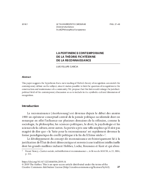 (PDF) La pertinence contemporaine de la théorie fichtéenne de la ...