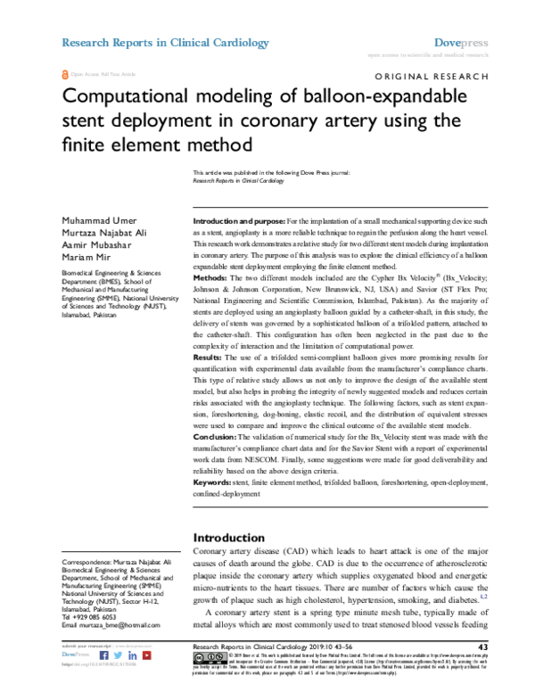 (PDF) Computational modeling of balloon-expandable stent deployment in coronary artery using the ...