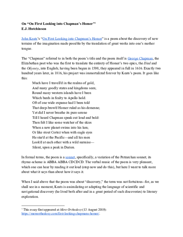 (PDF) On "On First Looking into Chapman's Homer"