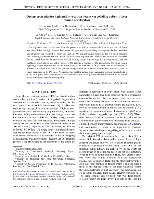 (PDF) Design principles for high quality electron beams via colliding pulses in laser plasma ...