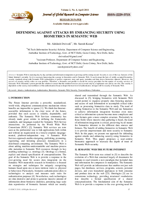 Pdf Defending Against Attacks By Enhancing Security Using Biometrics In Semantic Web