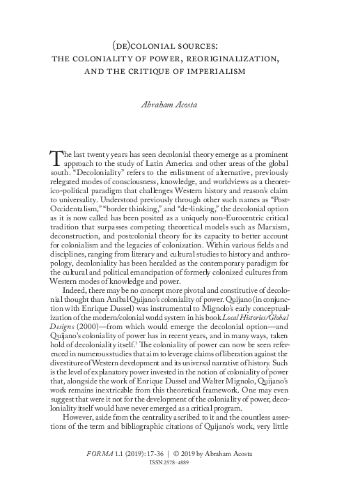 (PDF) (De)colonial Sources: the Coloniality of Power, Reoriginalization ...