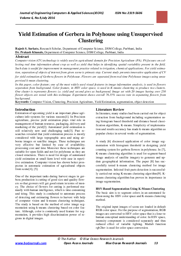 (PDF) Yield Estimation of Gerbera in Polyhouse using Unsupervised Clustering