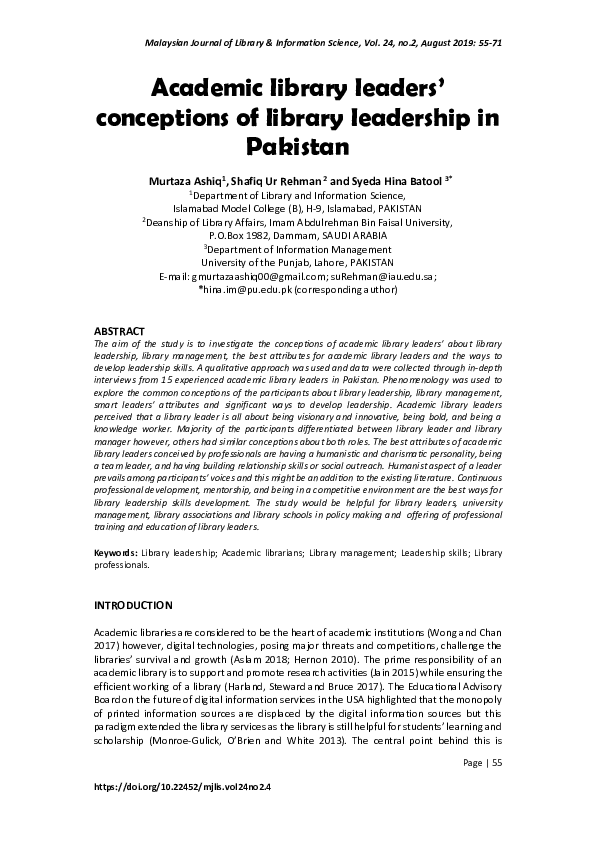(PDF) Academic library leaders' conceptions of library leadership in ...