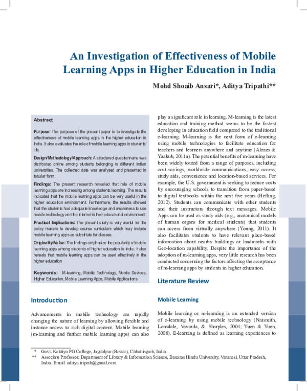 (PDF) An Investigation of Effectiveness of Mobile Learning Apps in ...