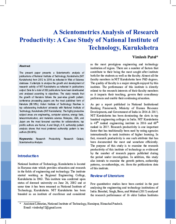 (PDF) A Scientometrics Analysis of Research Productivity: A Case Study ...