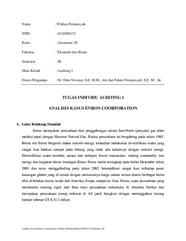 (DOC) TUGAS INDIVIDU AUDITING I ANALISIS KASUS ENRON COORPORATION