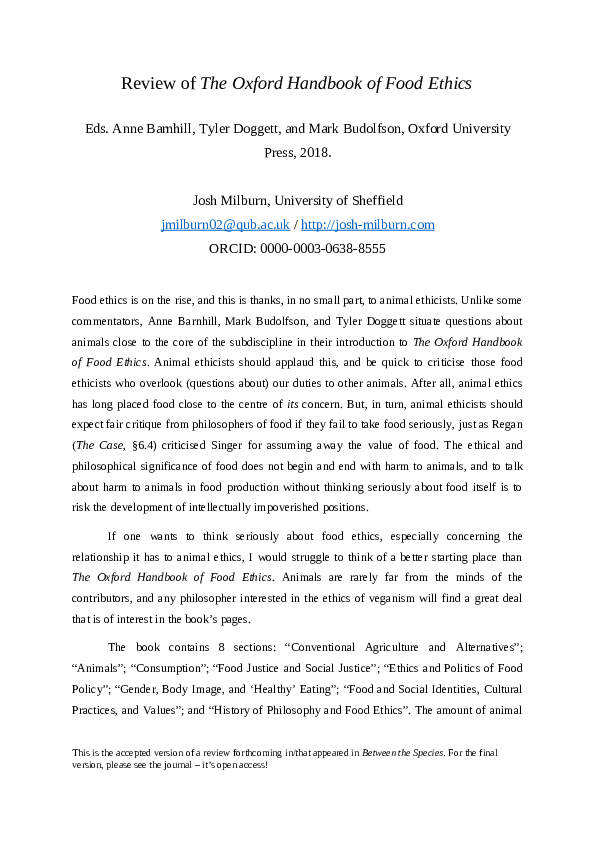 (PDF) Review of The Oxford Handbook of Food Ethics, edited by Anne ...