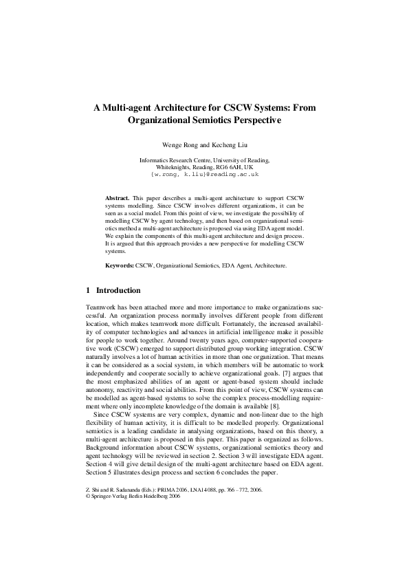 (PDF) A multi-agent architecture for CSCW systems: from organizational semiotics perspective