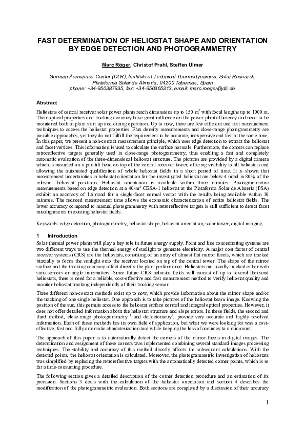 (PDF) FAST DETERMINATION OF HELIOSTAT SHAPE AND ORIENTATION BY EDGE DETECTION AND PHOTOGRAMMETRY