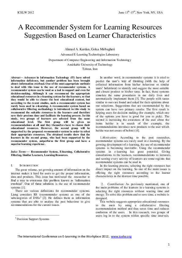 (PDF) A Recommender System for Learning Resources Suggestion Based on Learner Characteristics