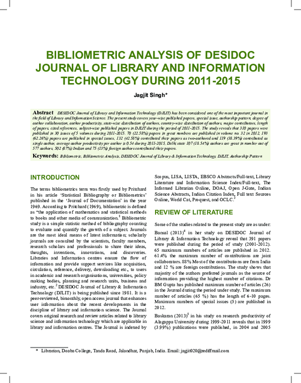 (PDF) BIBLIOMETRIC ANALYSIS OF DESIDOC JOURNAL OF LIBRARY AND ...