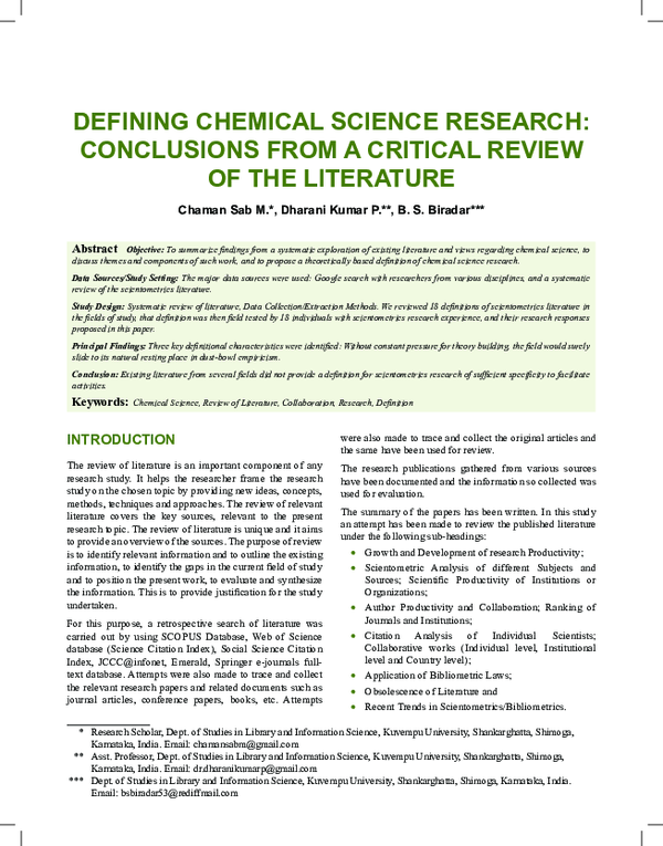 (PDF) DEFINING CHEMICAL SCIENCE RESEARCH: CONCLUSIONS FROM A CRITICAL ...