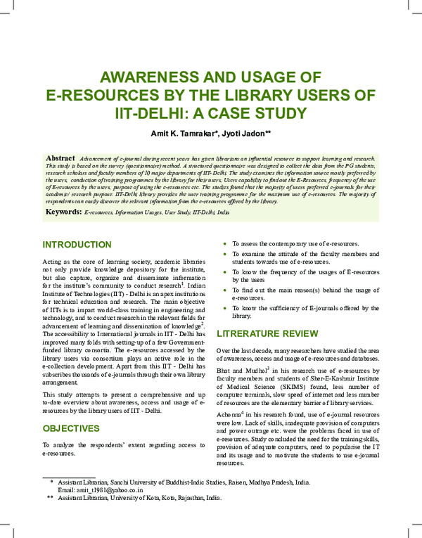 (PDF) AWARENESS AND USAGE OF E-RESOURCES BY THE LIBRARY USERS OF IIT ...