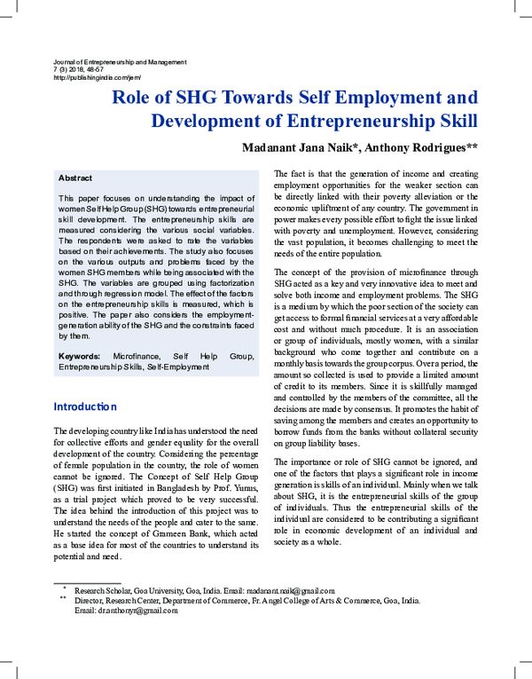 (PDF) Role of SHG Towards Self Employment and Development of ...
