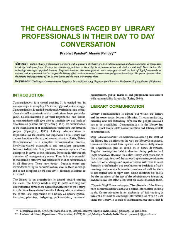 (PDF) THE CHALLENGES FACED BY LIBRARY PROFESSIONALS IN THEIR DAY TO DAY ...