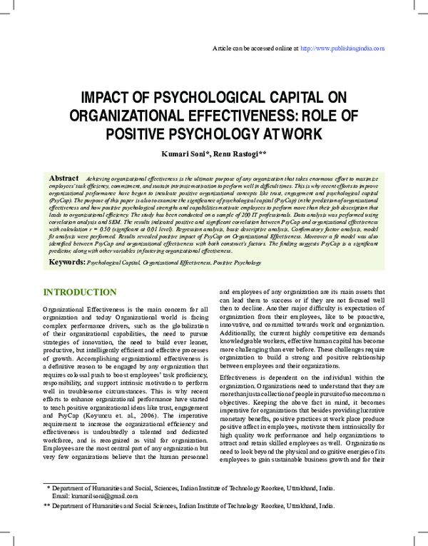 (PDF) IMPACT OF PSYCHOLOGICAL CAPITAL ON ORGANIZATIONAL EFFECTIVENESS ...