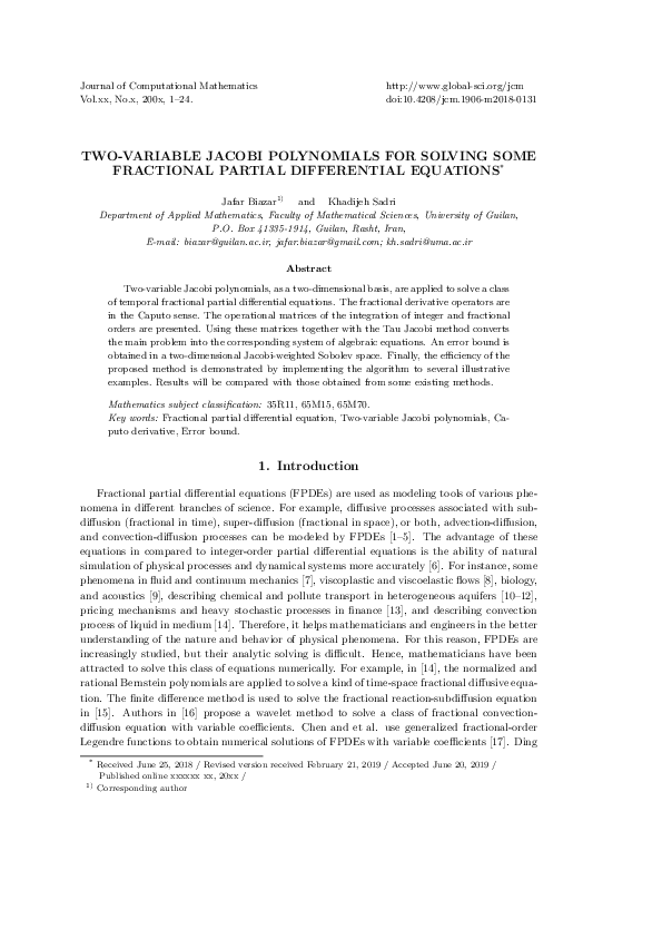 Pdf Two Variable Jacobi Polynomials For Solving Some Fractional Partial Differential Equations