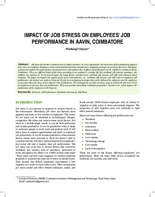 (PDF) IMPACT OF JOB STRESS ON EMPLOYEES’ JOB PERFORMANCE IN AAVIN ...