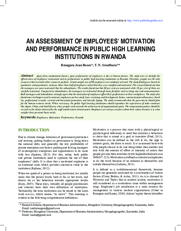 (PDF) AN ASSESSMENT OF EMPLOYEES’ MOTIVATION AND PERFORMANCE IN PUBLIC ...