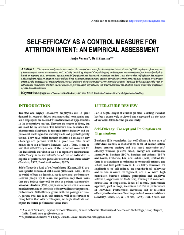 (PDF) SELF-EFFICACY AS A CONTROL MEASURE FOR ATTRITION INTENT: AN ...