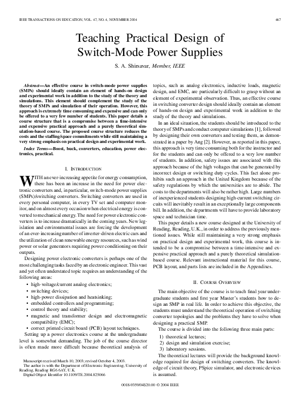 (PDF) Teaching Practical Design of Switch-Mode Power Supplies
