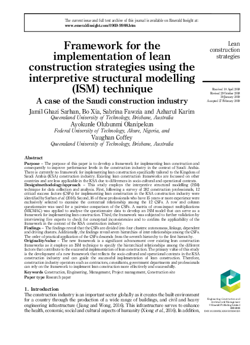 Pdf Framework For The Implementation Of Lean Construction Strategies Using The Interpretive