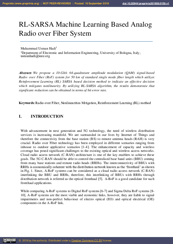 (PDF) RL-SARSA Machine Learning Based Analog Radio over Fiber System