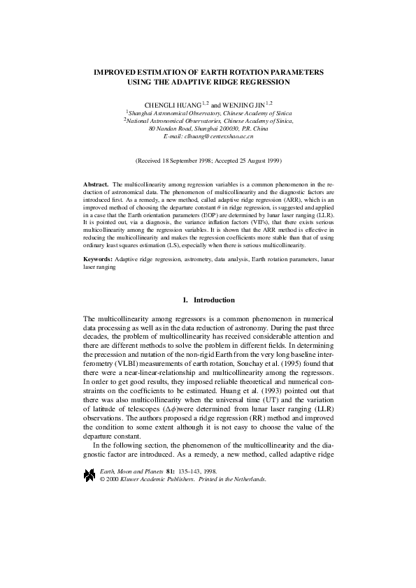 Pdf Improved Estimation Of Earth Rotation Parameters Using The Adaptive Ridge Regression