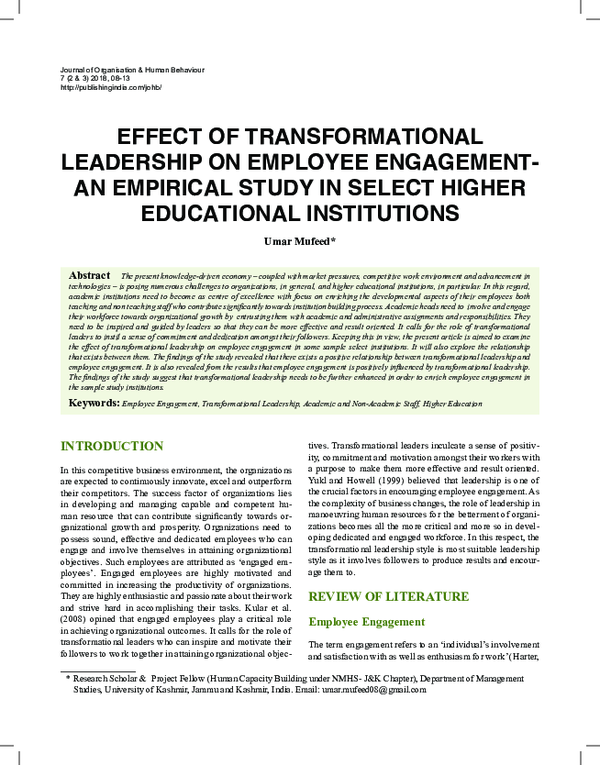 (PDF) EFFECT OF TRANSFORMATIONAL LEADERSHIP ON EMPLOYEE ENGAGEMENT- AN EMPIRICAL STUDY IN SELECT ...