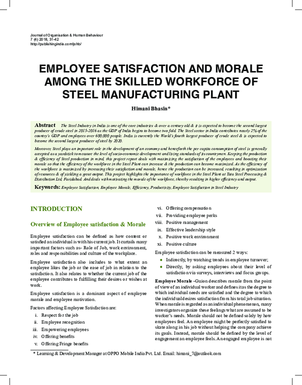 (PDF) EMPLOYEE SATISFACTION AND MORALE AMONG THE SKILLED WORKFORCE OF ...