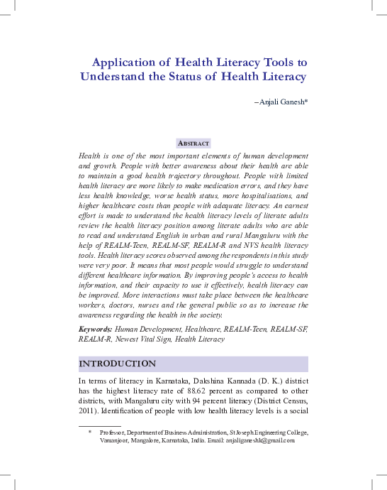 (PDF) Application of Health Literacy Tools to Understand the Status of ...