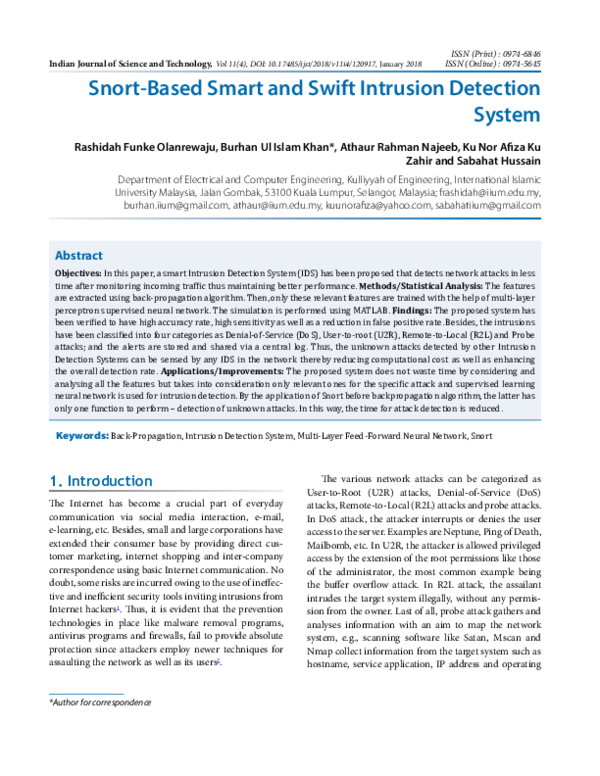 (PDF) Snort-Based Smart and Swift Intrusion Detection System | indjst Journal - Academia.edu