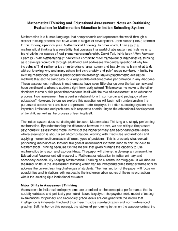 (PDF) Mathematical Thinking and Educational Assessment: Notes on ...