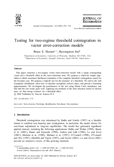 Pdf Testing For Two Regime Threshold Cointegration In Vector Error