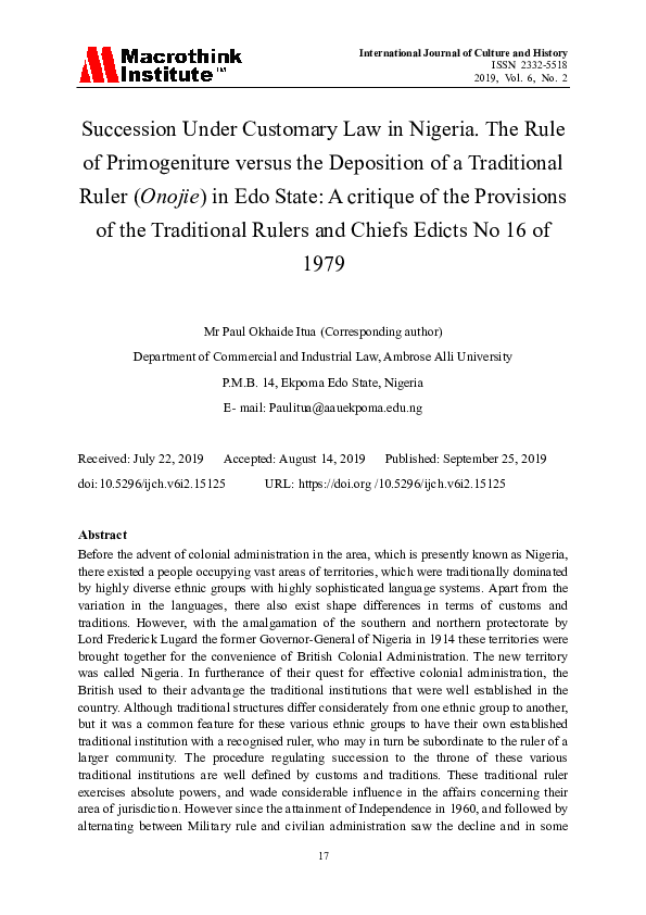 (PDF) The Rule of Primogeniture versus the Deposition of a Traditional ...