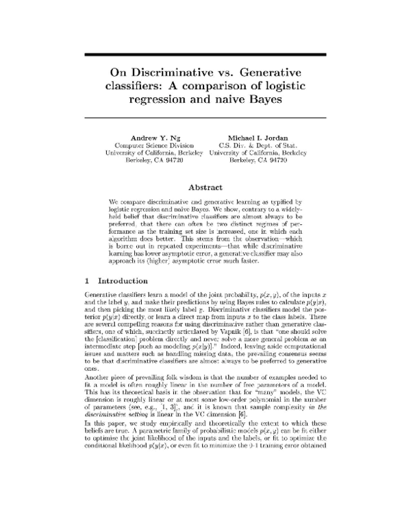 (PDF) On Discriminative vs. Generative classifiers: A comparison of logistic regression and ...