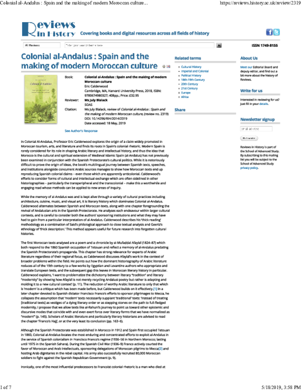 (PDF) July Blalack - Review of Colonial al-Andalus in Reviews in History