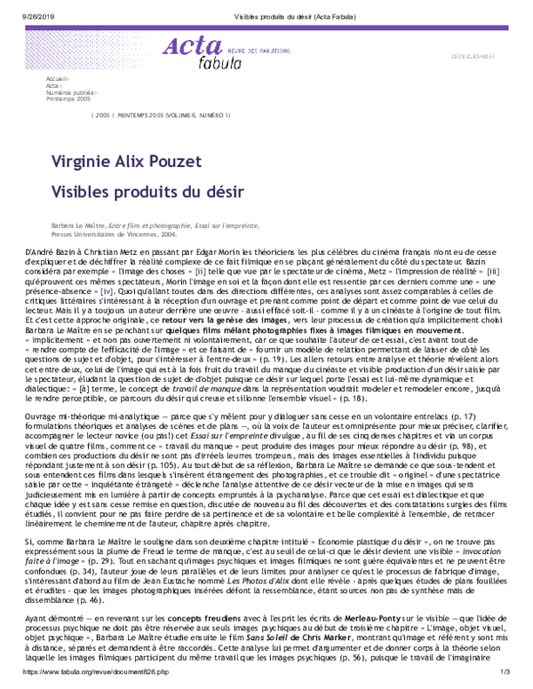 (PDF) "Visibles produits du désir", Review of Barbara Le Maître, "Entre ...