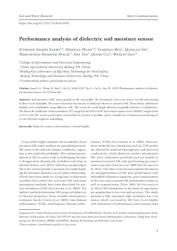 (PDF) Performance Analysis of Dielectric Soil Moisture Sensor (PDF) Performance Analysis of Dielectric Soil Moisture Sensor