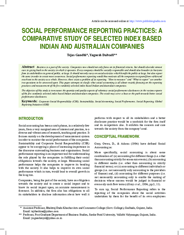 (PDF) SOCIAL PERFORMANCE REPORTING PRACTICES: A COMPARATIVE STUDY OF ...