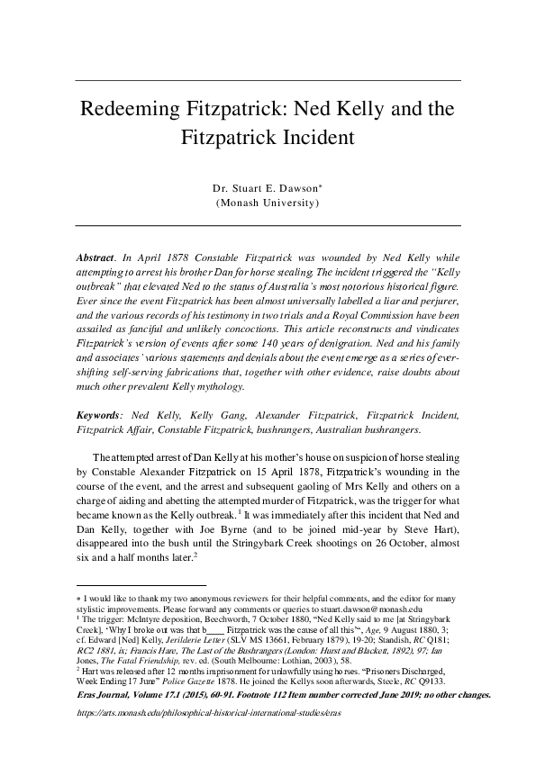 (PDF) Redeeming Fitzpatrick: Ned Kelly and the Fitzpatrick Incident
