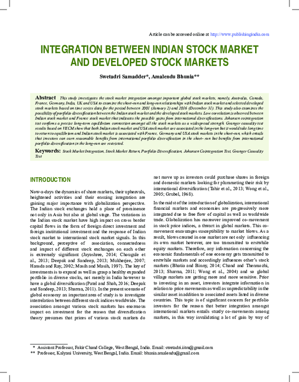 (PDF) INTEGRATION BETWEEN INDIAN STOCK MARKET AND DEVELOPED STOCK MARKETS