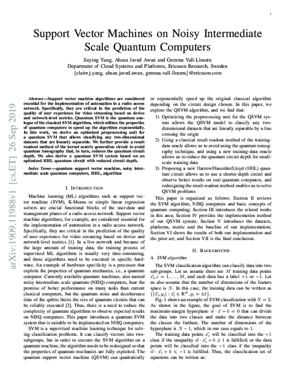 Pdf Support Vector Machines On Noisy Intermediate Scale Quantum Computers