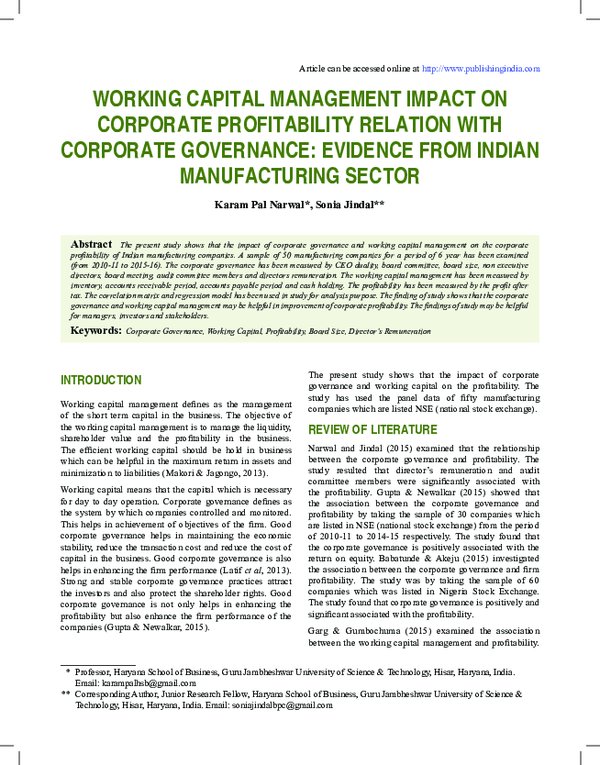 (PDF) WORKING CAPITAL MANAGEMENT IMPACT ON CORPORATE PROFITABILITY RELATION WITH CORPORATE ...