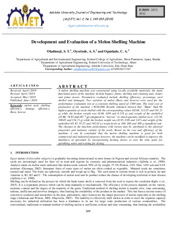 (PDF) Development and Evaluation of a Melon Shelling Machine