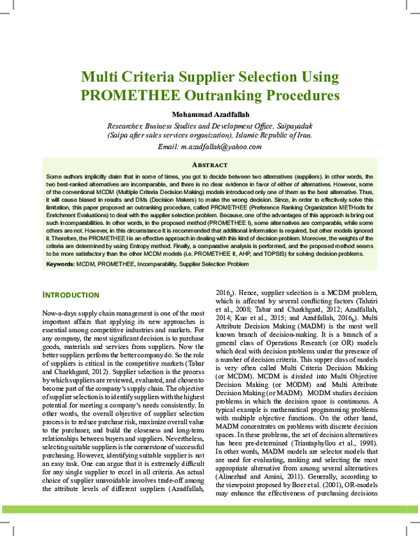 Pdf Multi Criteria Supplier Selection Using Promethee Outranking Procedures